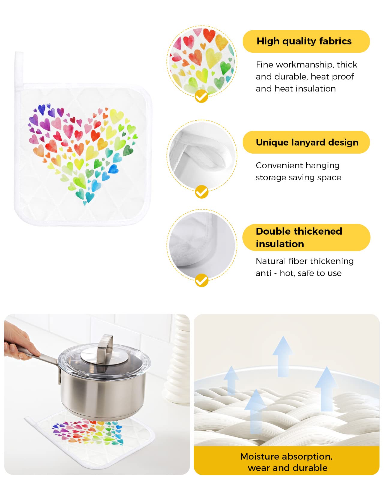 Pot Holders for Kitchen Colorful Rainbow Love Heart Heat Resistant Potholders Summer Romantic Hot Pads Non Slip Kitchen Pot Holders Set of 2 for BBQ Cooking Baking Grilling
