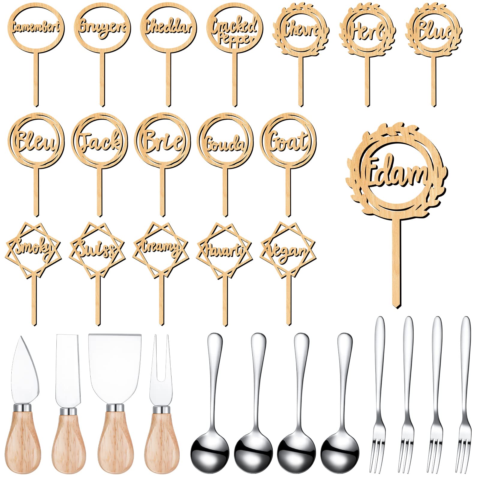 Yetene 30 Pieces Cheese Spreader Charcuterie Accessories Labels Markers for Board Butter Knife Stainless Steel Mini Serving Spoons and Forks Wedding Birthday, Silver, one size