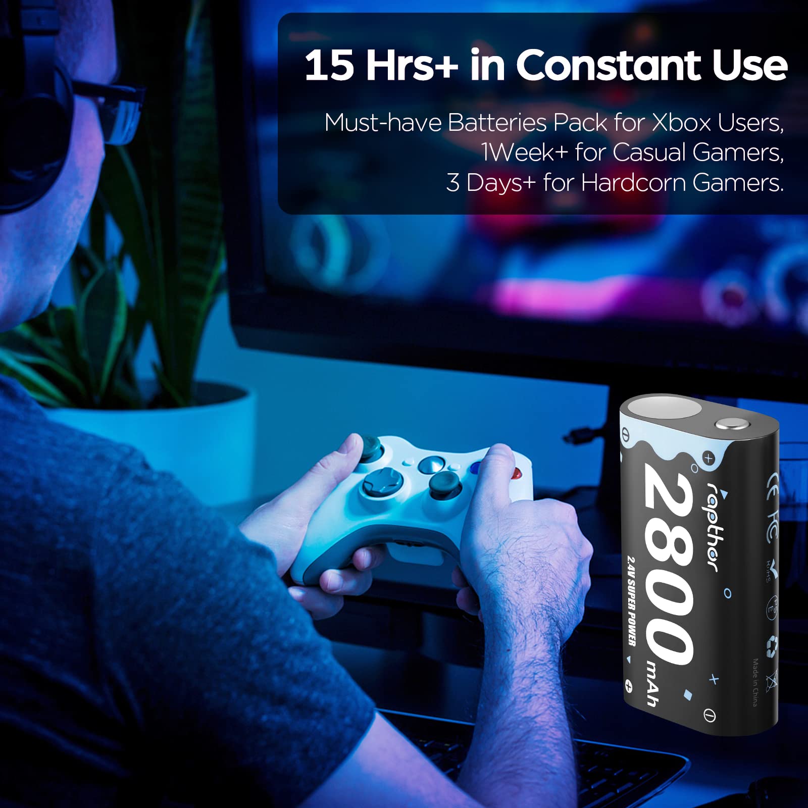 Rapthor 2800mAh Rechargeable Battery Pack for Xbox One 2.4V Ni-MH Low Self Discharge for Xbox One/Xbox One S/Xbox One X/Xbox One Elite/Xbox Series S/X, controller Batteries pack with Charger