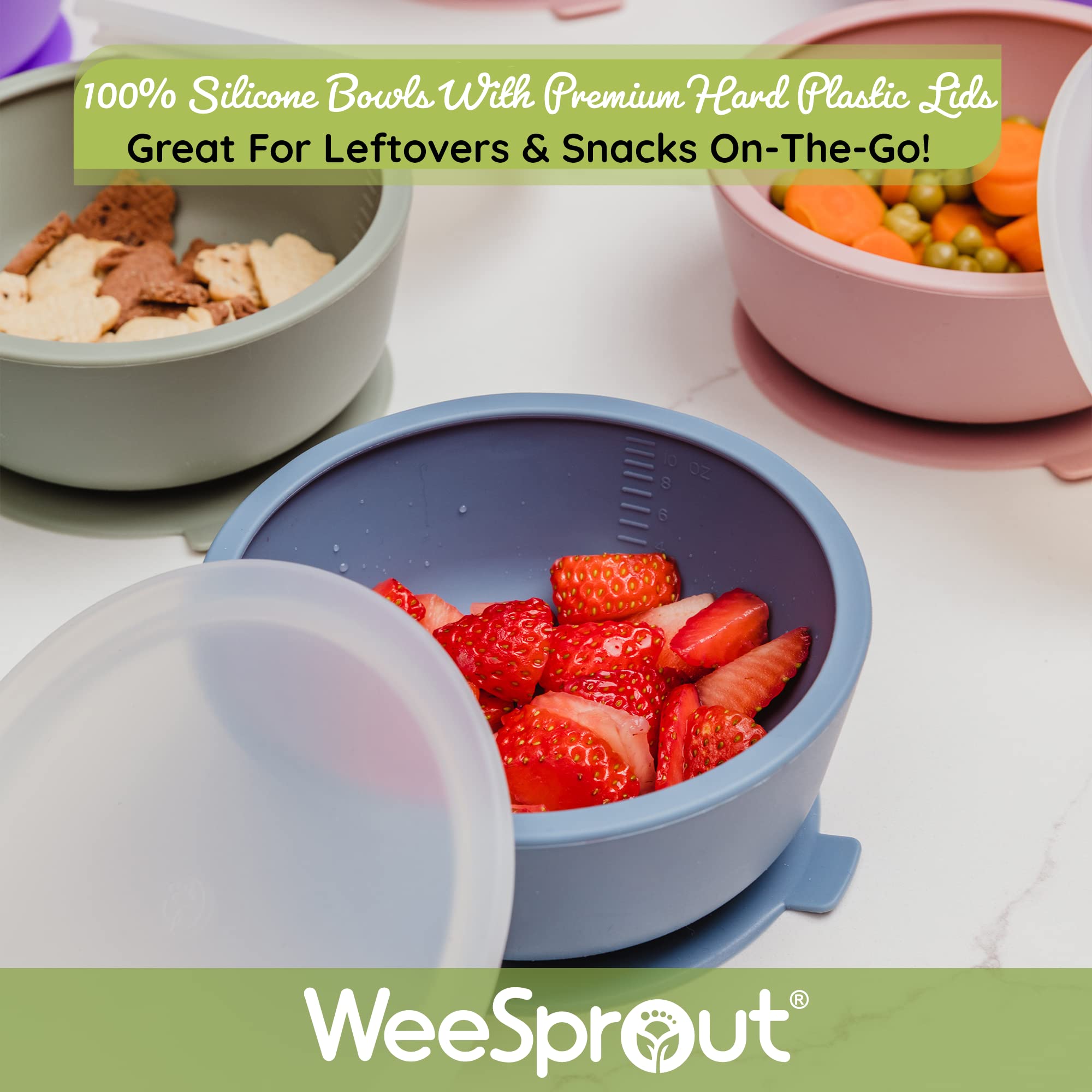 WeeSprout Suction Bowls for Baby & Toddlers (Set of 2) - 100% Silicone w/Plastic Lid - Leak Proof Feeding Supplies - Dishwasher & Microwave Safe Infant Dinnerware w/Extra Strong Base
