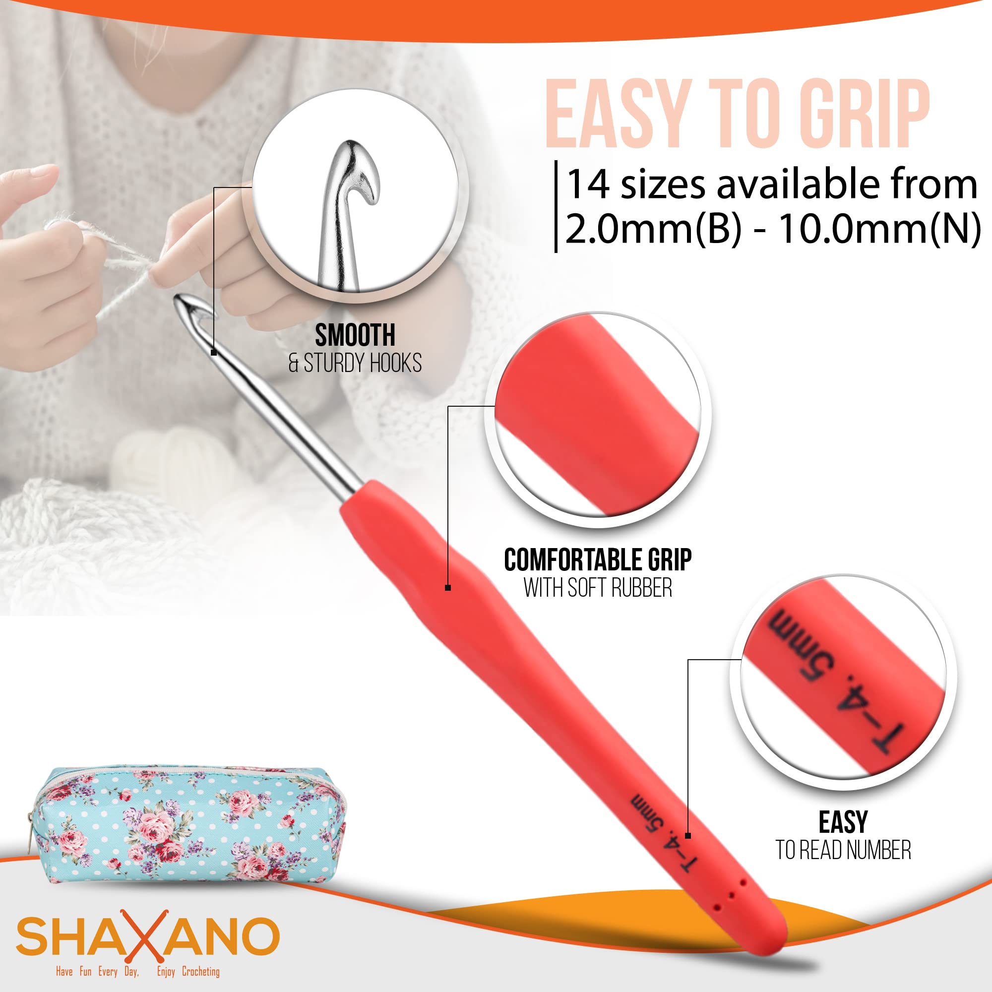 SHAXANO Crochet Hooks Set 2mm (B) - 10mm (N), Extra Long Crochet Needle with Ergonomic Soft Grip, 14 Sizes Crochet Hooks Kit for Beginners and Arthritic Hands