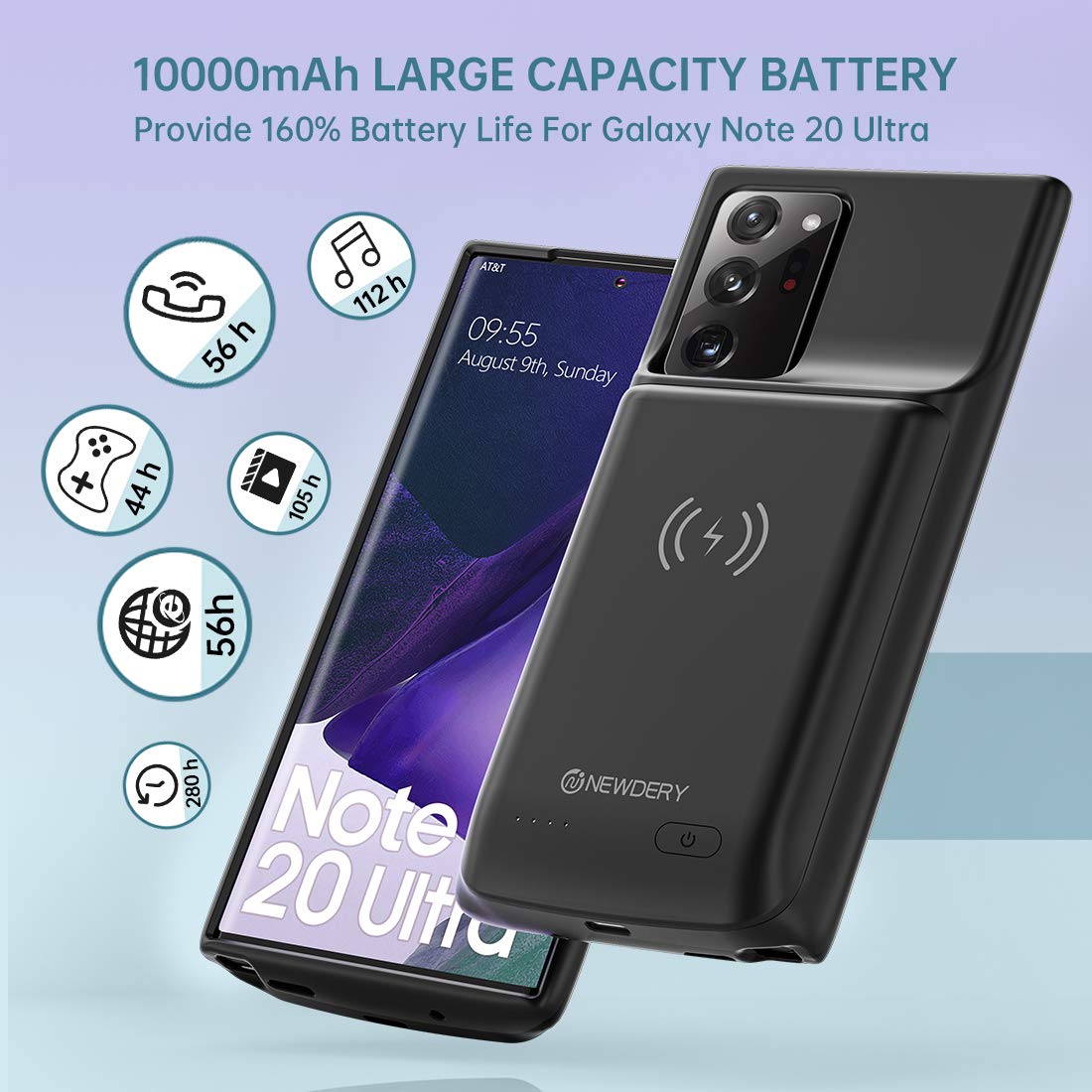 NEWDERY Battery Case for Galaxy Note 20 Ultra 10000mAh, Fast Charging & Qi Wireless & Android Auto Supported, Extended Backup Charger Case for Samsung Galaxy Note 20 Ultra 5G (6.9") Black