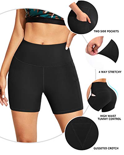 OMANTIC Women's High Waisted Yoga Biker Shorts 5" Compression Athletic Workout Running Shorts with Side Pockets (Black, S)