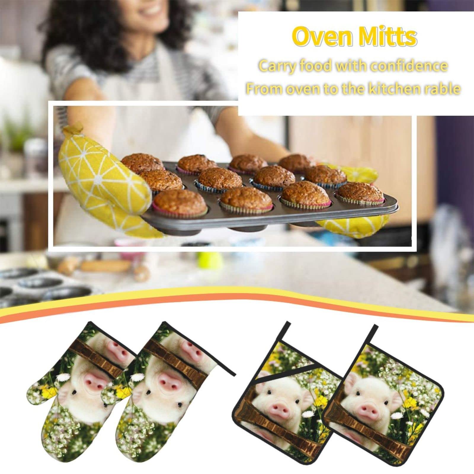Rape Flower Pig Extra Long Oven Gloves and Hot Pads Set 4pcs for Cooking and Baking with Pockets