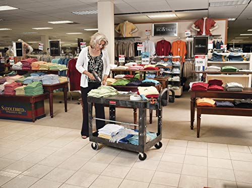Rubbermaid Commercial Products 2-Shelf Utility/Service Cart, Medium, Flat Shelves, Ergonomic Handle, 500 lbs. Capacity, for Warehouse/Garage/Cleaning/Manufacturing (FG452500BLA)