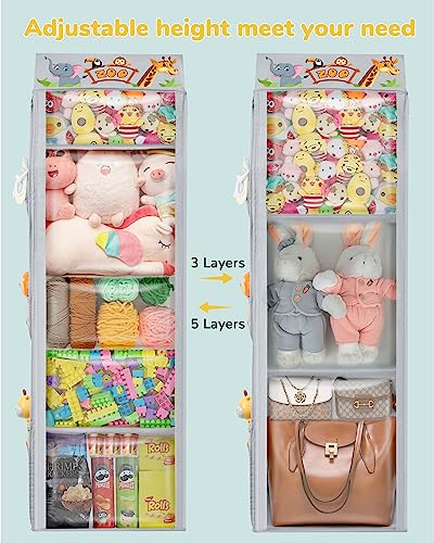 Over the Door Stuffed Animal Storage, Yarn Organizer with Zipper, 4 Adjustable Partitions Hanging Storage Dustproof Design for Nursery, Bedroom, Bathroom, Kids Room (One Only)