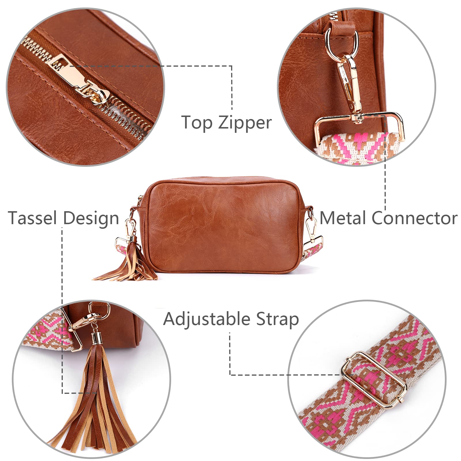 YFGBCX Crossbody Bag for Women PU Leather Wide Strap Shoulder Purse with Tassel Trendy Design Camera Top Zip C03-pu-brown