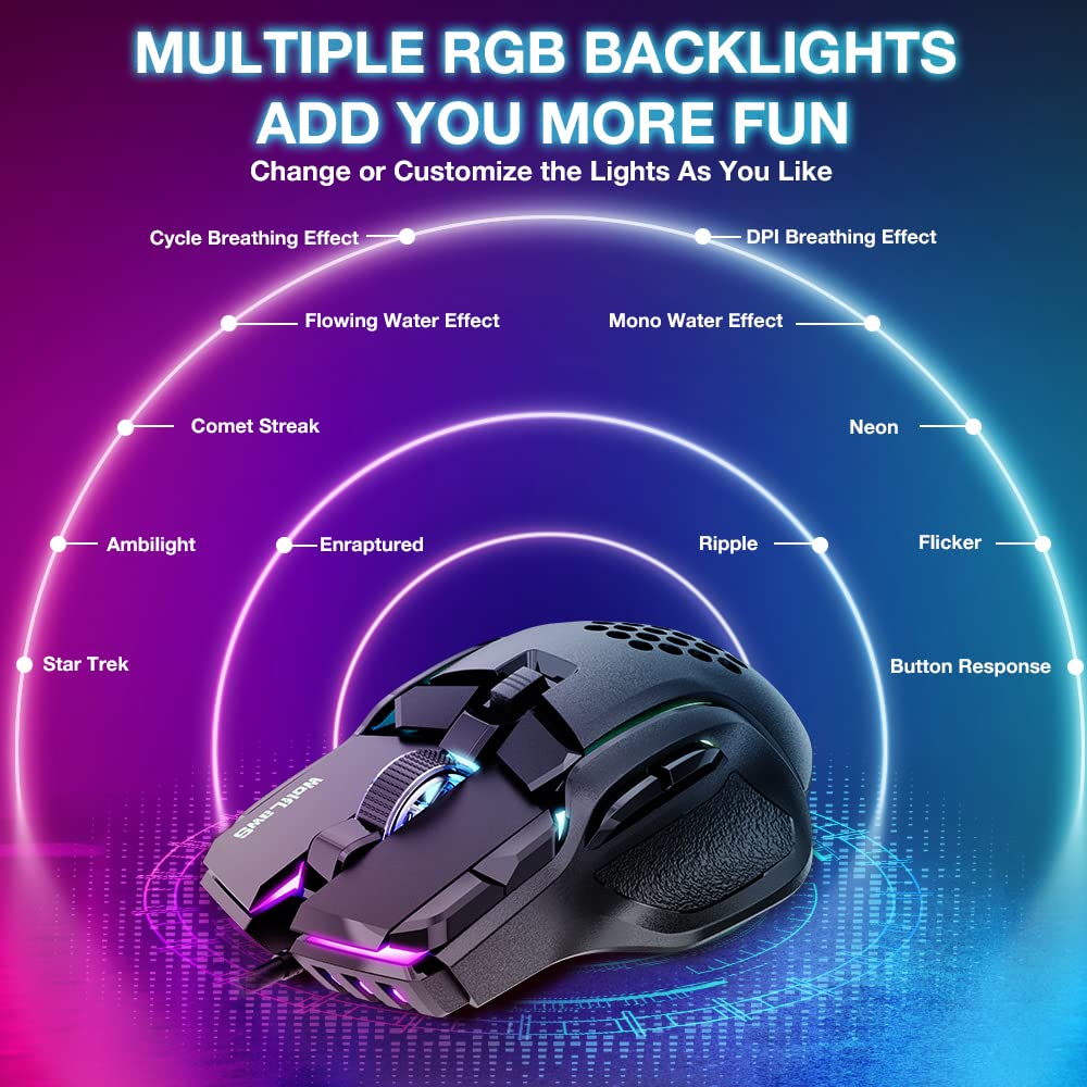 WolfLawS Wired Gaming Mouse, Computer PC Gaming USB Mice with 12 RGB Backlit Modes, High-Precision Adjustable 12800 DPI, 10 Programmable Buttons, Ergonomic Plug Play Gamer Mouse for Laptop Mac