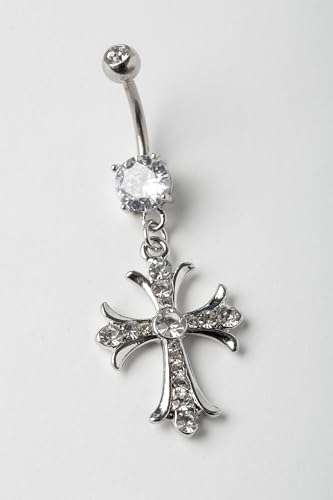Pierced Owl 14G 316L Surgical Steel Celtic Cross with Paved Gems Dangling Belly Button Ring (Silver Tone)