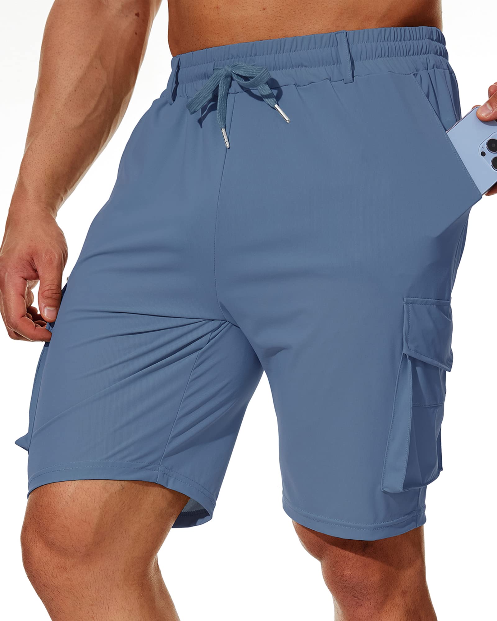 NeedBo Mens Hiking Cargo Shorts Quick Dry Outdoor Stretchy Tactical Shorts with Multi Pockets for Camping Fishing Stone Blue L