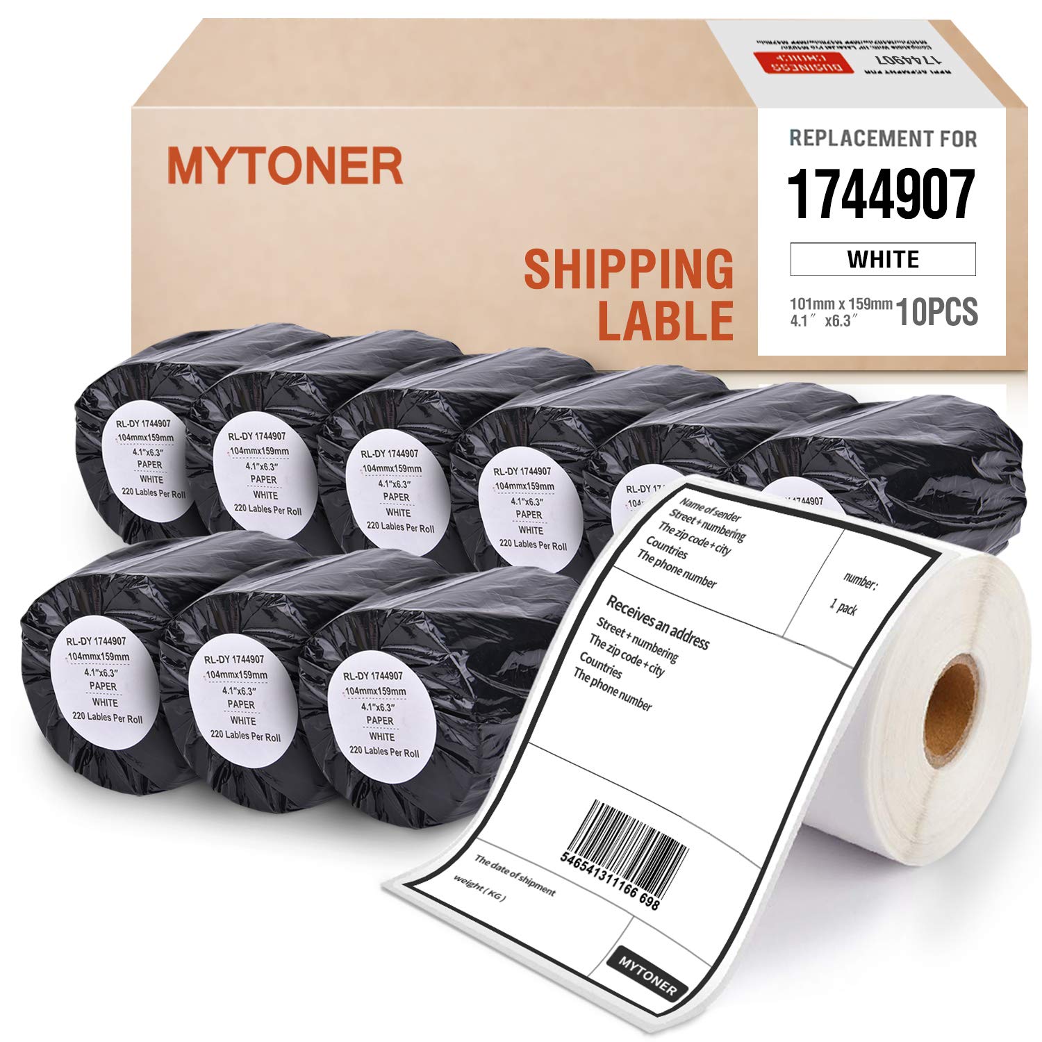 MYTONER 10 Rolls 1744907 Extra Large Shipping Labels Compatible with 4XL Paper Label 4 Inch x 6 Inch for Internet Postage Package Label,Use for 4XL Label Printer -220 Labels per Roll