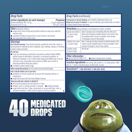 Mucinex Instasoothe Sore Throat Relief + Cough Relief, Sore Throat Lozenges, Cough Drops with Dextromethorphan HBr & Hexylresorcinol, Alpine Herbs & Fresh Mint Flavor Medicated Throat Drops, 40ct