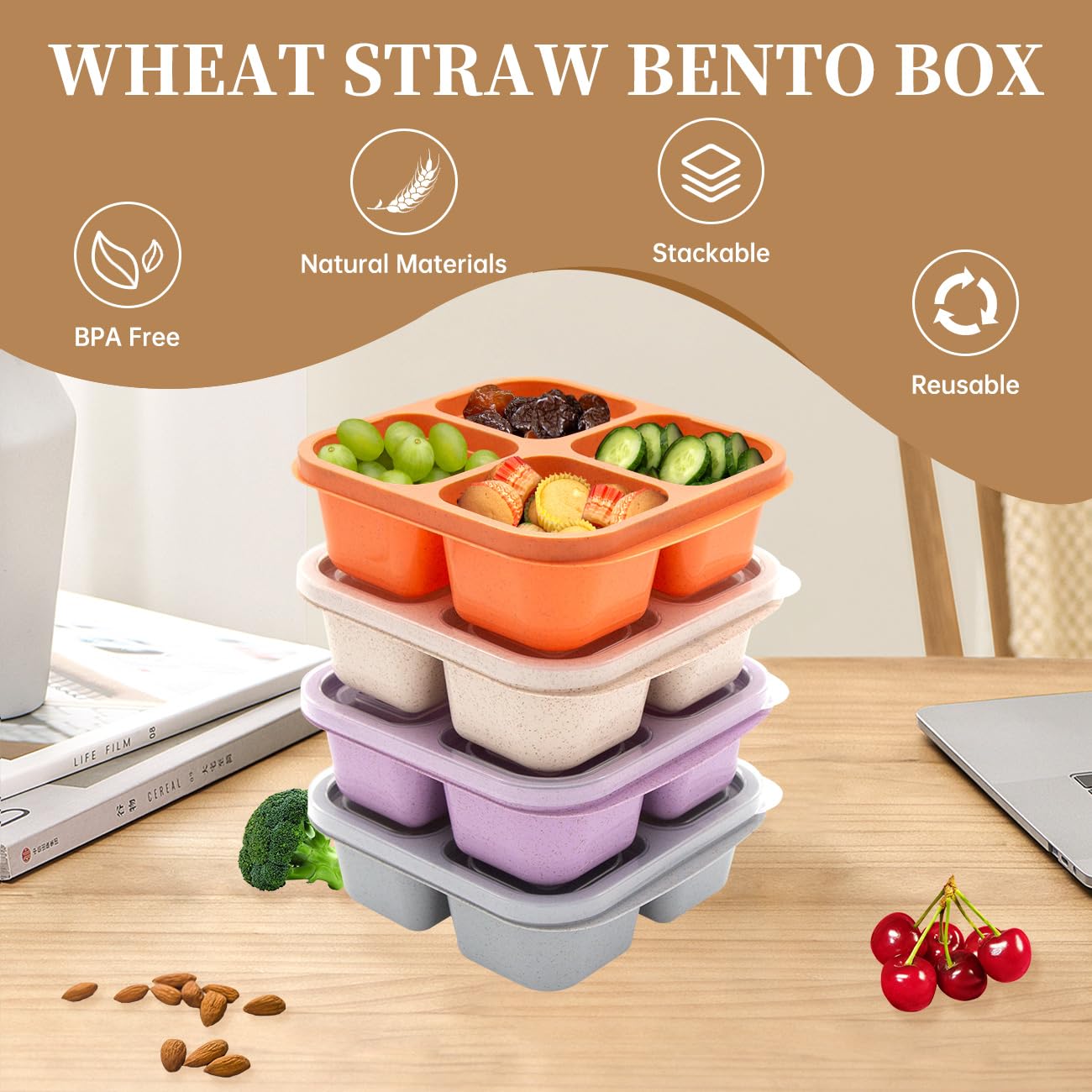 Luriseminger 7 Pack Bento Lunch Box ,4 Compartment Snack Containers,Divided Bento Snack Box,Meal Prep Lunch Containers, Lunch Box Kids/Toddle/Adults,Food Storage Containers for School, Work and Travel