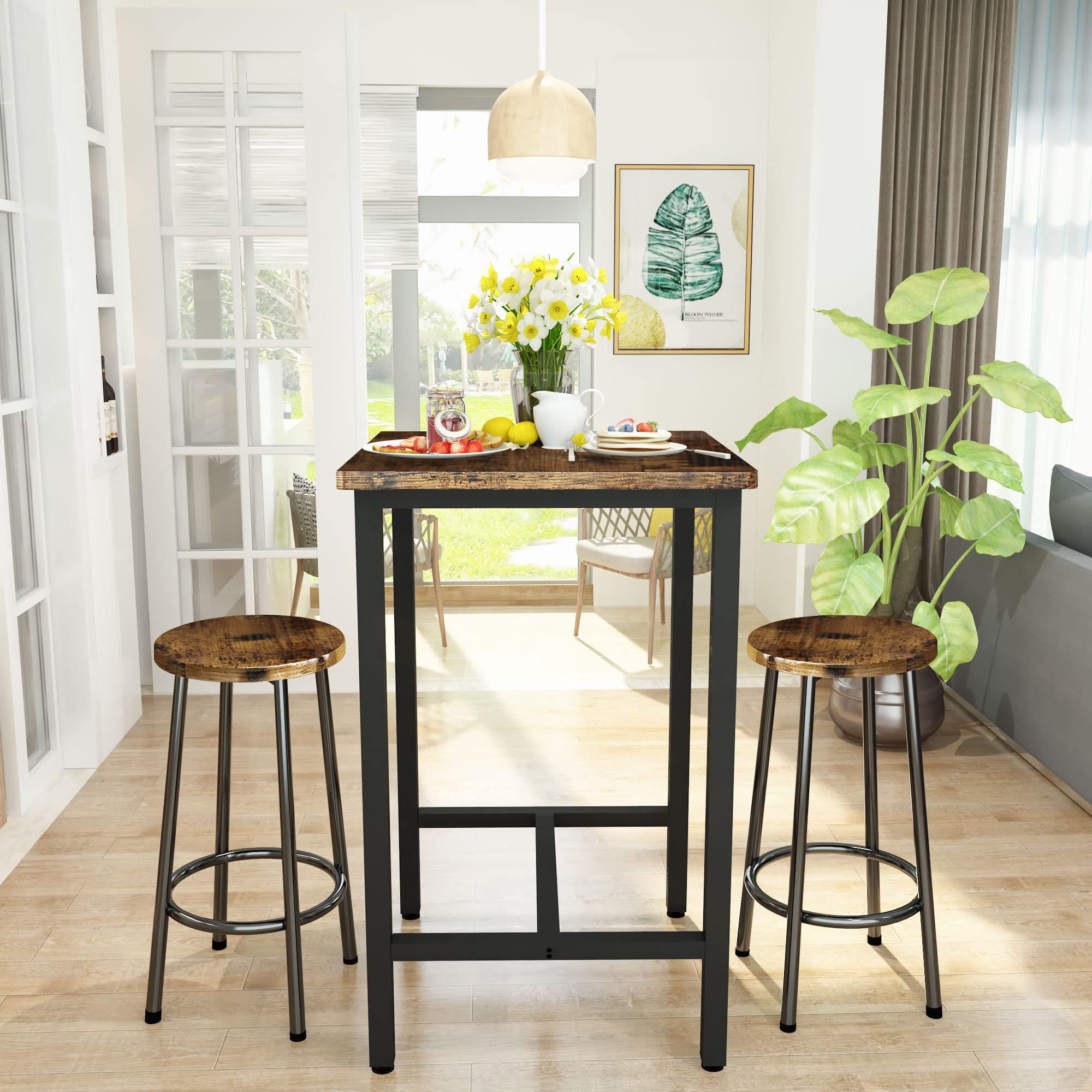 Lamerge Bar Table Set, Square Bar Table Set with Stool, Bistro Table and Chairs Set of 2, Pub Table and Chairs Set for Dining Room, 23.5inch Kitchen Table, Rustic Brown