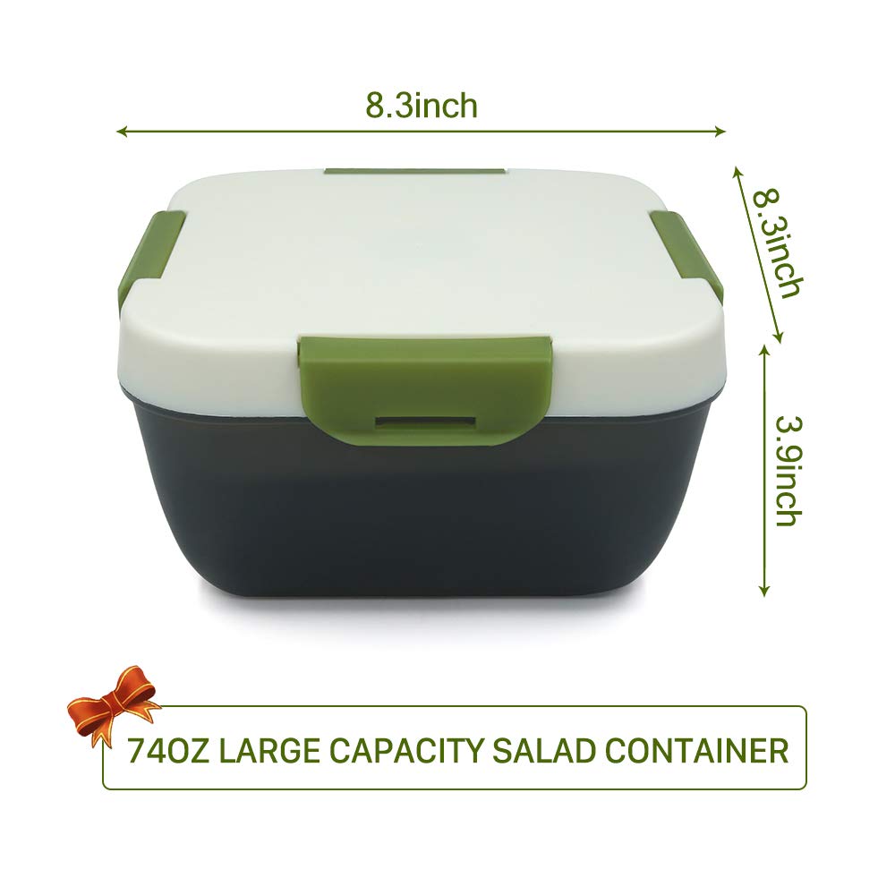 Rassody 74 OZ Salad Container To Go for Lunch with Ice Pack, Dressing Cup and 4 Compartments for Salads Toppings, Snacks, Fruits, Built-In Fork, Large Mixing Bowl, Leak-Proof, Reusable and BPA-Free