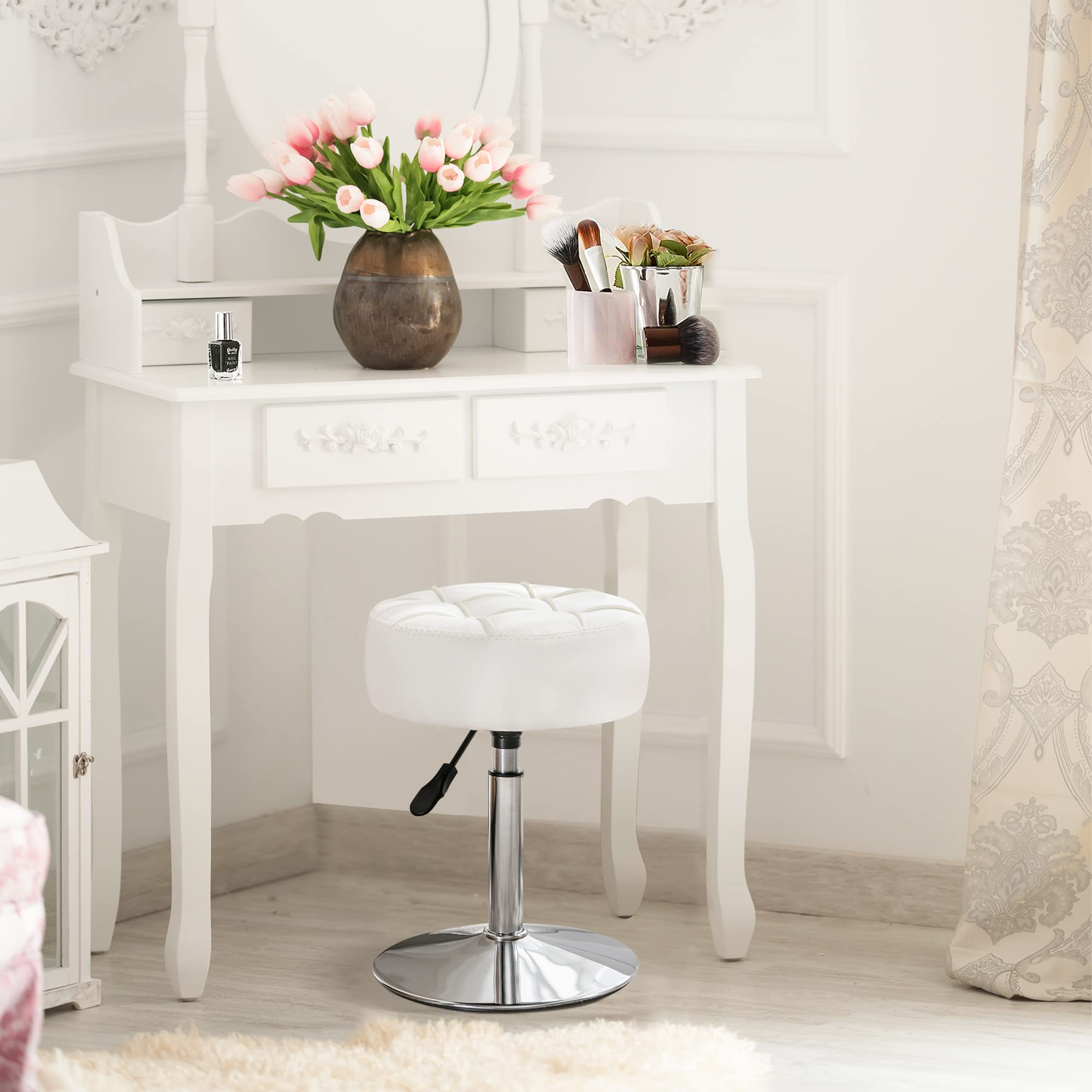 LUE BONA Adjustable Vanity Stool, 360°Swivel Vanity Chair Stool for Makeup Room, White Stool Chair for Vanity, Small Faux Leather Vanity Stool for Bathroom, Living Room