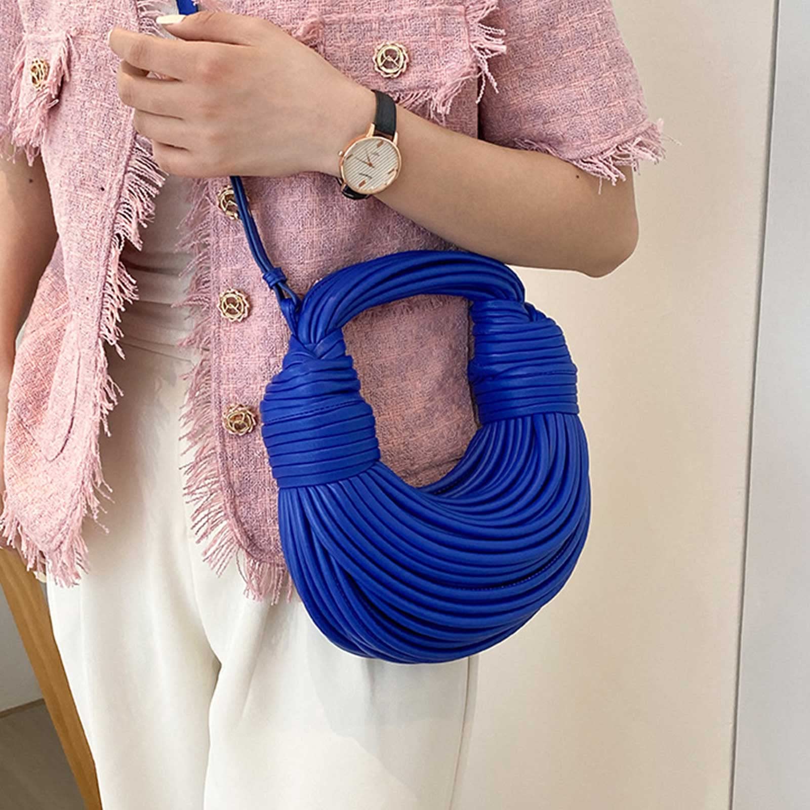 Women Hand-Woven Bread Purse and Handbag Leather Top Handle Satchel Shoulder Crossbody Creative Noodles Underarm Hobo Bag (blue)