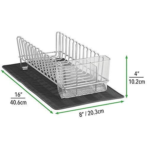 mDesign Steel Sink Dish Drying Rack/Dish Drainer Storage Organizer w/Wire Drainer, Drying Mat for Kitchen Counter, Easy Drain/Dry Dishes, Plate, Utensil - Concerto Collection, Set of 2 - Chrome/Gray