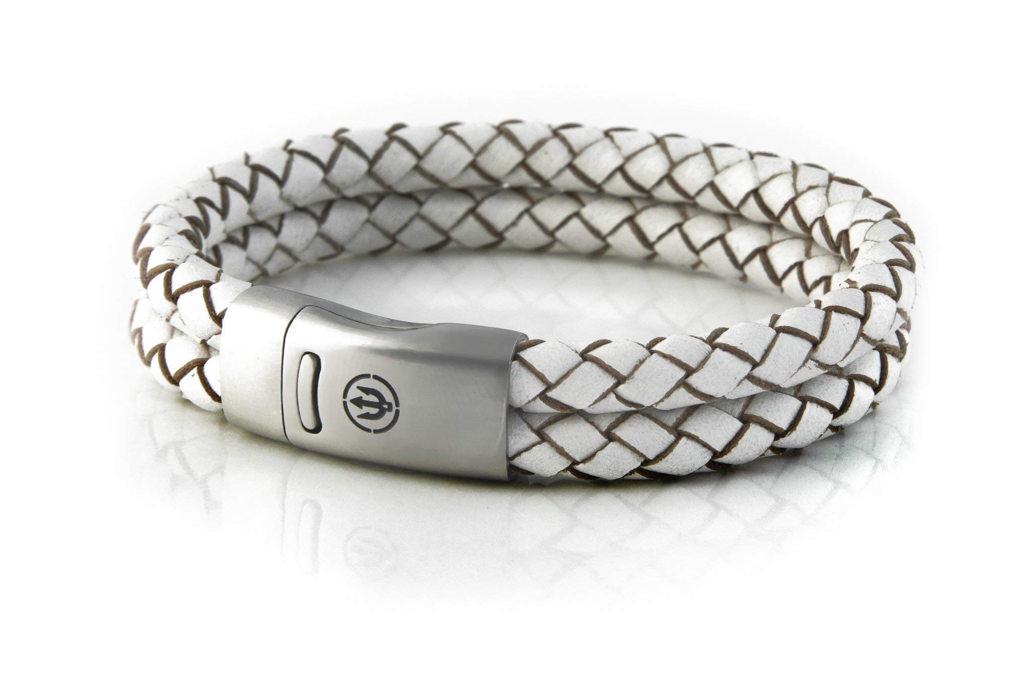 NEPTN Leather Bracelet Commodore Trident Double - White Leather, Size Large (Wrist Circumference 7"-7.5")