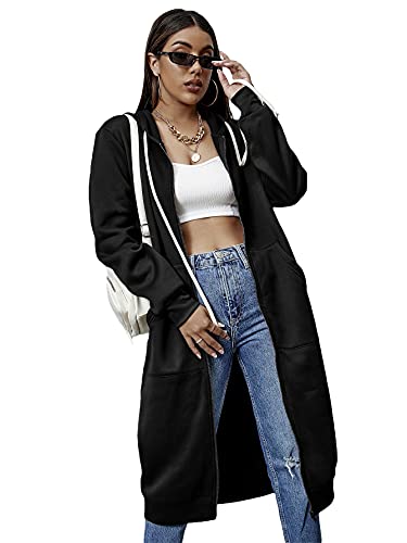 SheIn Women's Zip Up Long Hoodie Pocket Drawstring Basic Zipper Tunic Hooded Sweatshirt Black Small