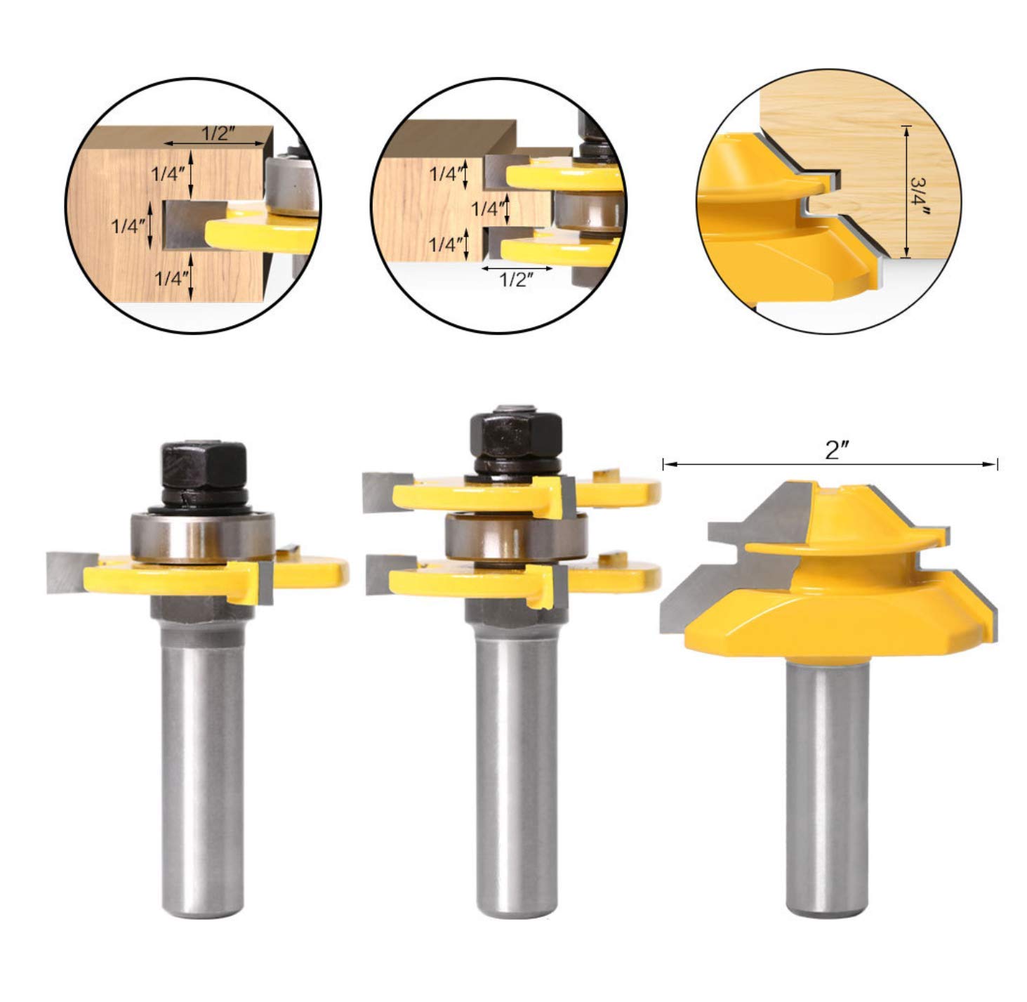 Lock Miter 45 Degree Joint Router Bits + 2Pcs Tongue and Groove Set [1/2-Inch Shank], APLUS 45° Lock Mitre Glue Joint Router Bit + Router Bit Set 3 Teeth T Shape, Wood Milling Cutter Woodworking Tool