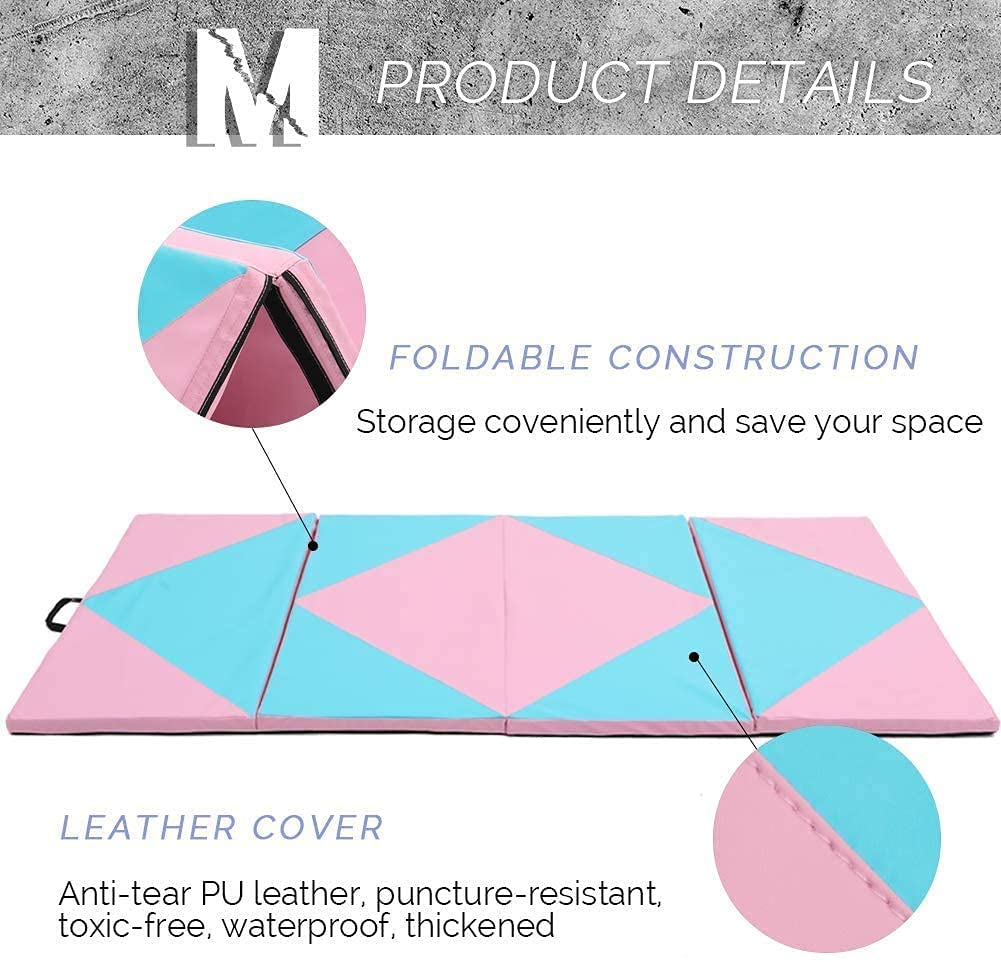 PanAme Folding Gymnastics Exercise Mats, 8βx4βx2β Thick Gymnastics Tumbling Mats, Lightweight Gymnastics Panel Mat with Carrying Handle for MMA, Yoga, Home Gym, Fitness(Pink&Blue)