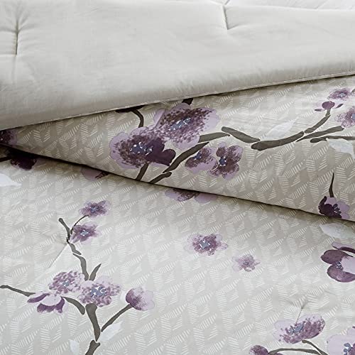 Madison Park Cozy Comforter Nature Scenery Design - All Season Bedding, Matching Bed Skirt, Decorative Pillows, Holly, Floral Purple/Taupe Queen(90"x90") 8 Piece
