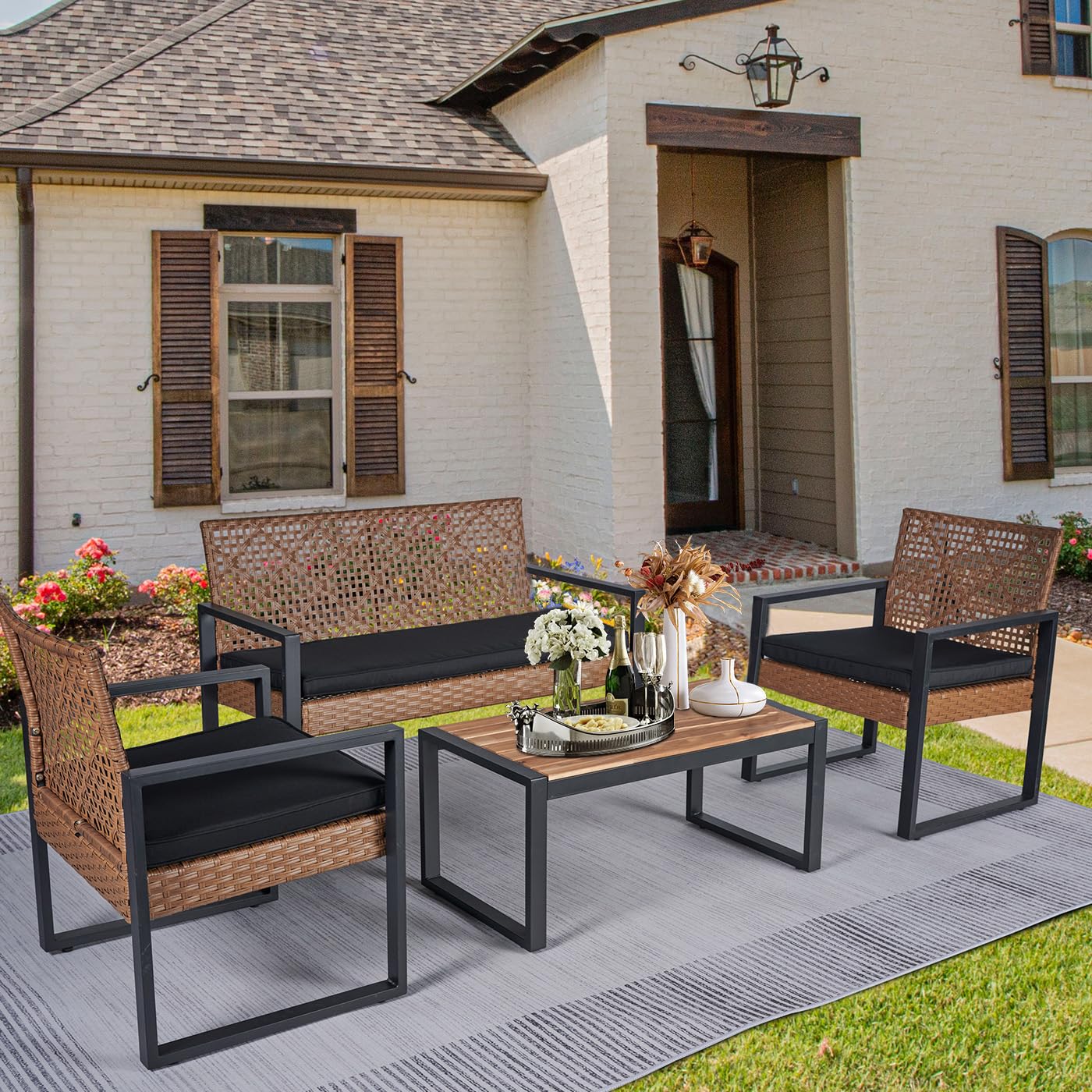 VOTSMOKK 4 Pieces Patio Furniture Set, Outdoor Garden Patio Conversation Sets with Coffee Table, for Backyard, Lawn, Balcony, Outside Patio Table and Chairs Set with Soft Cushions, Black and Brown