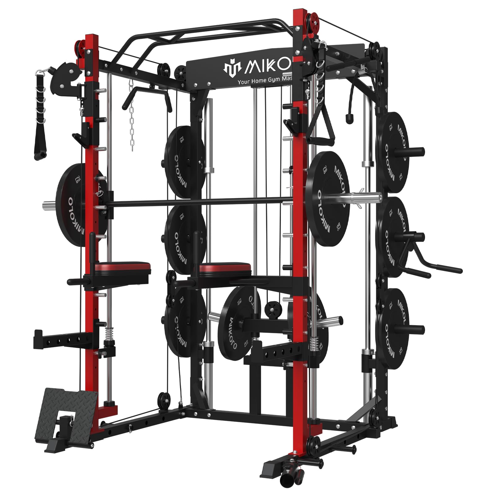 Mikolo Smith Machine, 2000LBS Multifunctional Squat Rack with LAT Pull Down System&Cable Crossover Machine for Home Gym, Power Cage with Dip/Leg Raise Attachments, Free Handles, Band Pegs(Red)