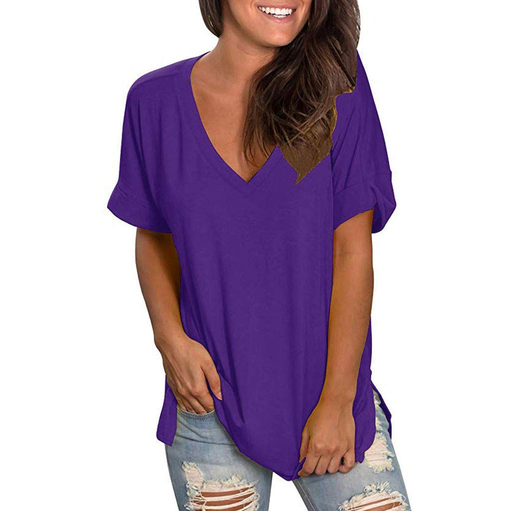 Muicook Women's V Neck T Shirt Rolled Sleeve Side Split Tunic Tops Summer Loose Casual Tops(X-Large,Purple)
