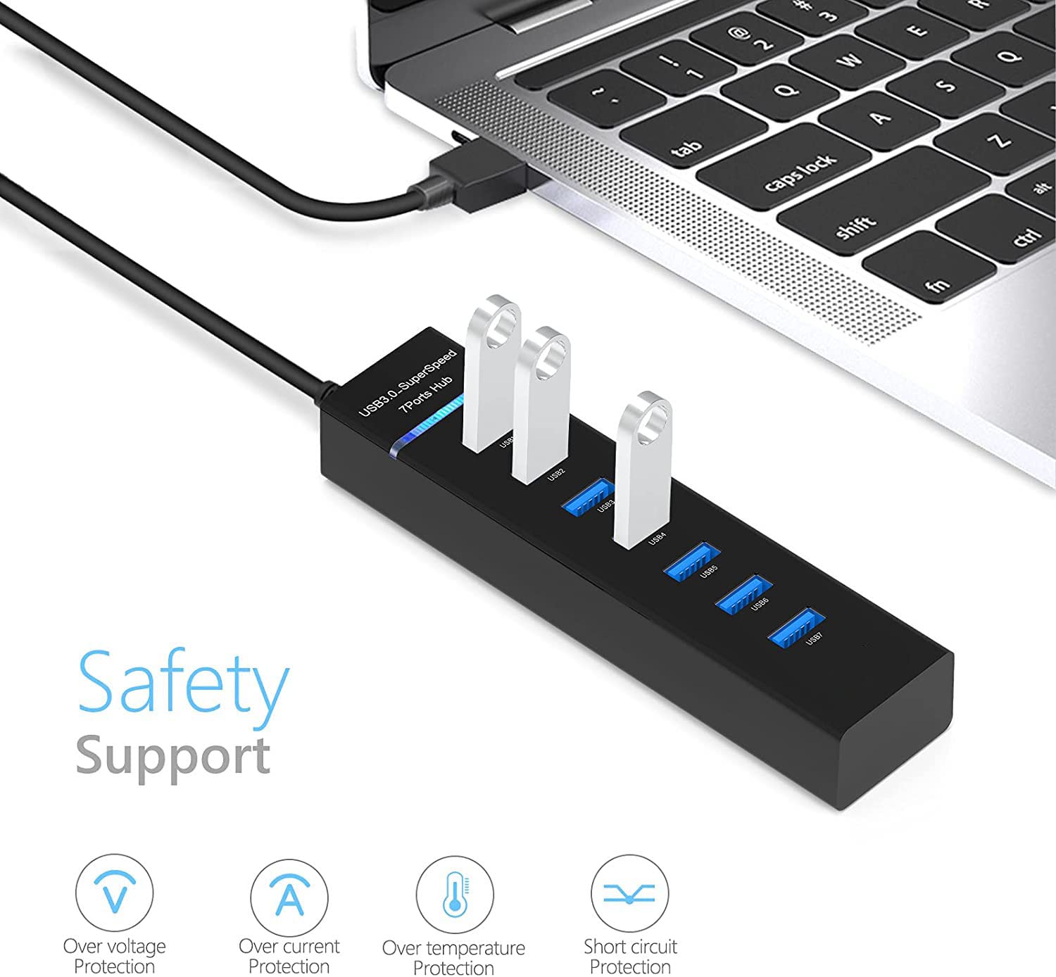 W Come Ture Data Black USB Hub Splitter 7-Port USB 3.0 Hub with 11.8 inch Long Cable Powered USB Hub for Laptop, PC, MacBook, Mac Pro, Mac Mini, iMac, Surface Pro and More