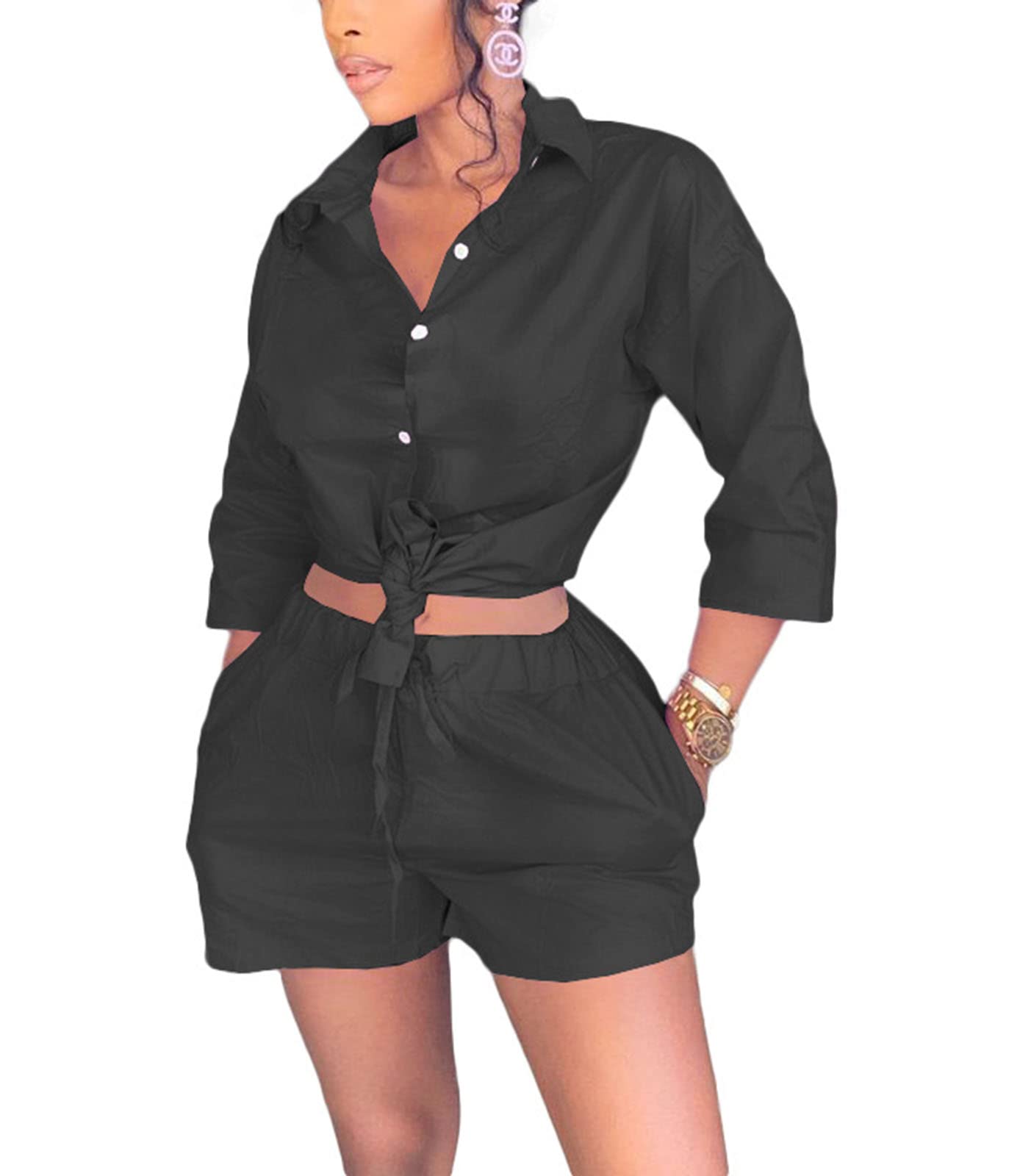 Ophestin 2 Piece Outfits Short Set Chains Floral Print V Neck Long Sleeve Button Shirt and Mini Shorts Tracksuits Rompers Black XL