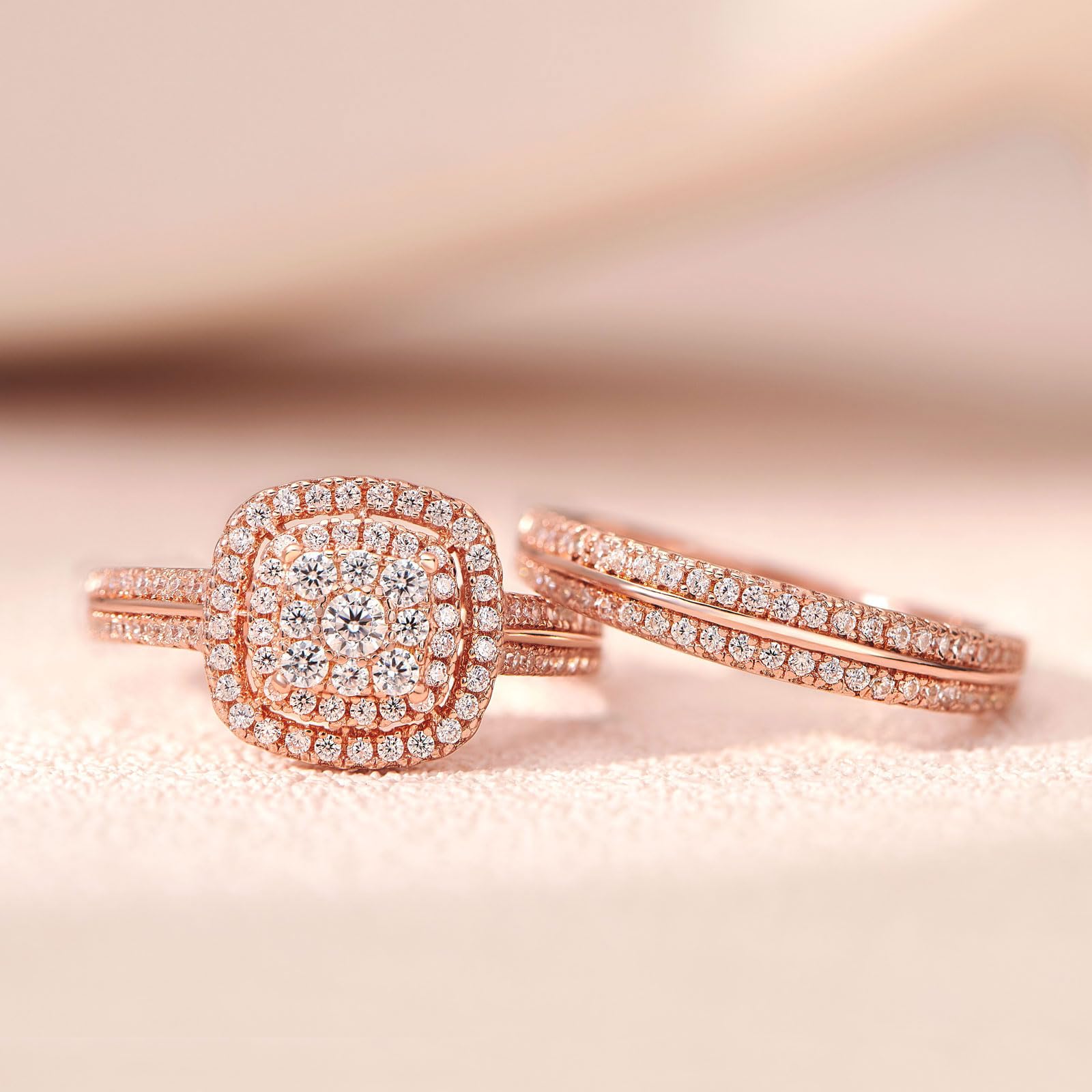 SHELOVES Womens Double Halo Rose Gold Wedding Engagement Ring Set 925 Sterling Silver Cubic Zirconia Sz 7
