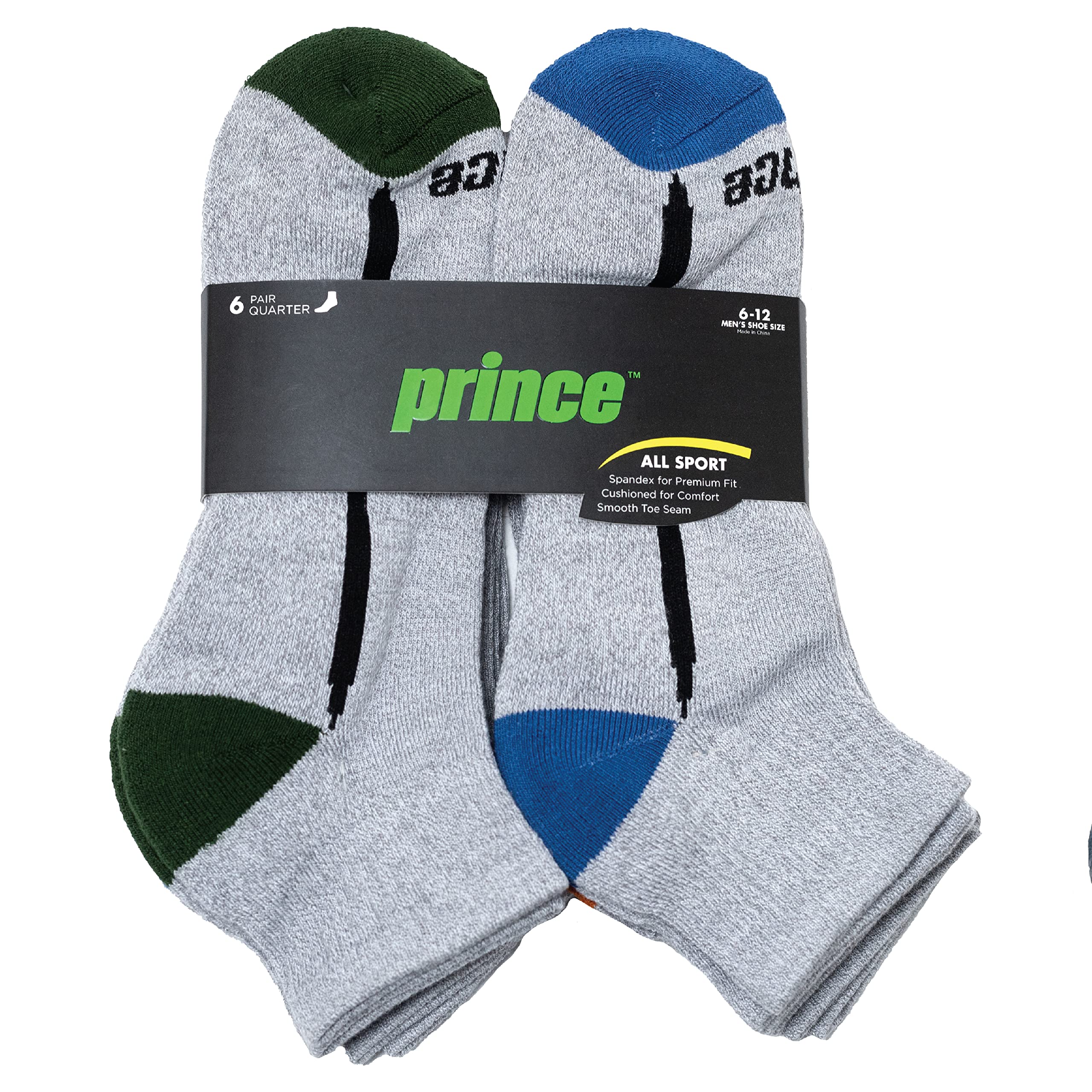 Prince Men's Athletic Quarter Socks (6 Pair Pack) (Grey)