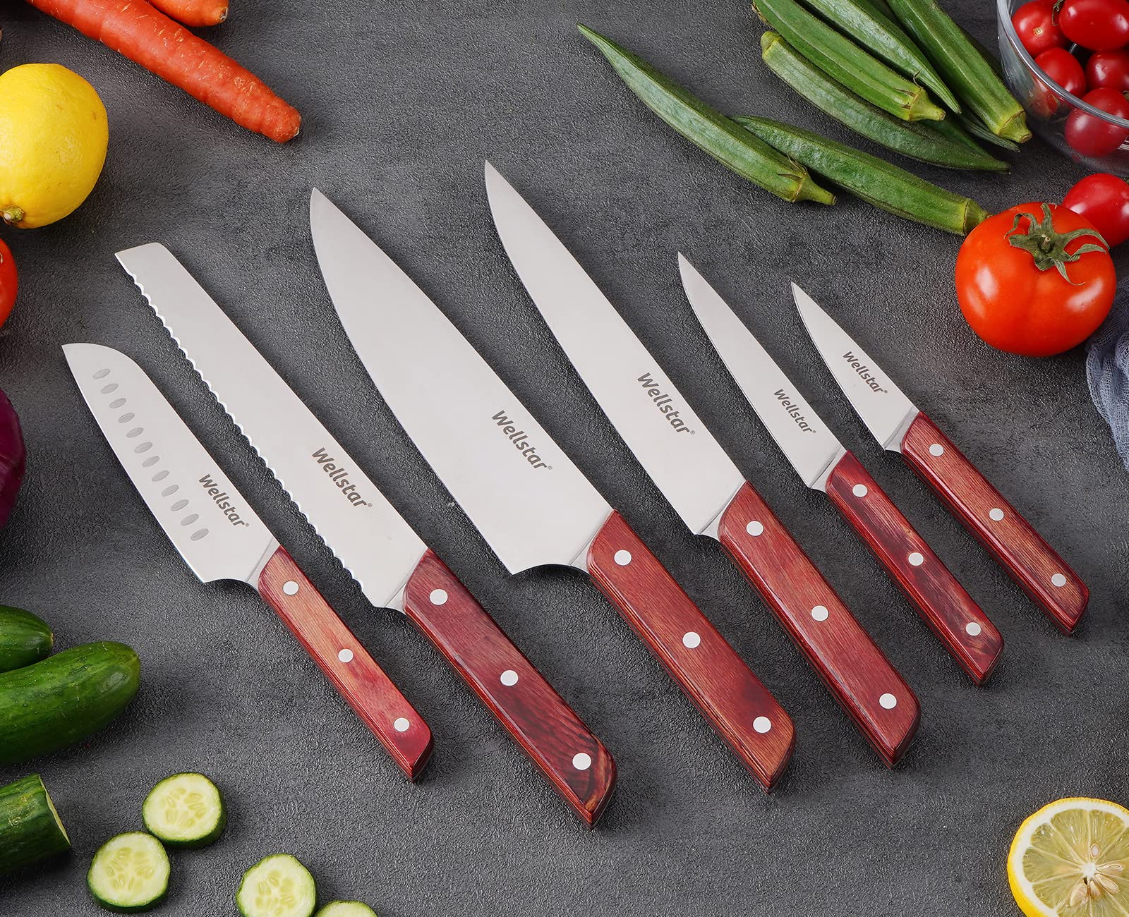 WELLSTAR Kitchen Knife Set 6 Piece, Ultra Sharp Japanese Stainless Steel Blade with Full Tang Pakkawood Handle, Chef Slicer Bread Santoku Utility & Paring for Cutting Chopping Slicing and Dicing