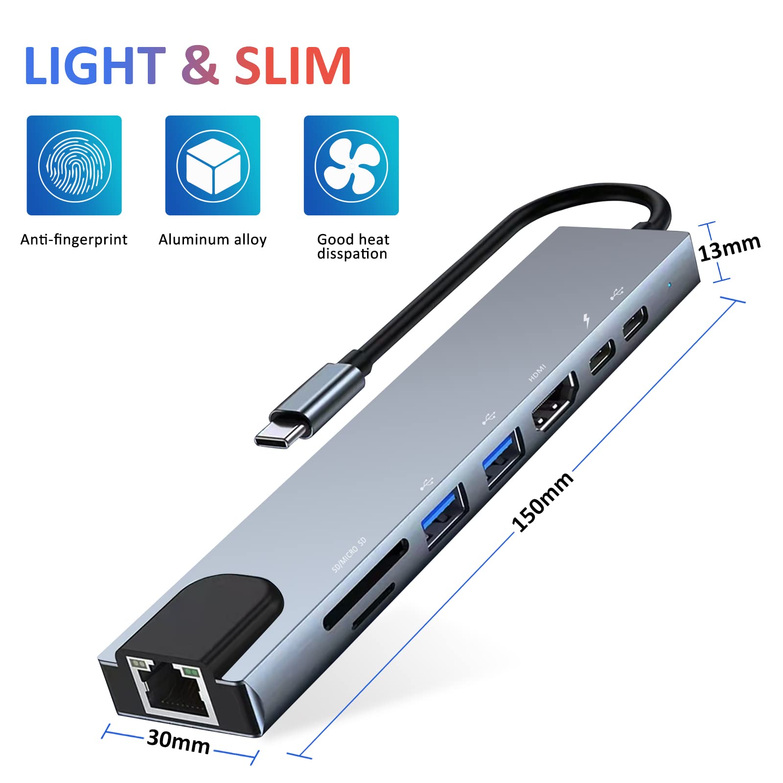 SWDSTP USB C Hub 8 in 1 Adapter, with 4K HDMI,2 USB 3.0 Ports,SD/TF Card Reader,Ethernet,87W PD,USB-C Port, Portable for MacBook Pro/Air, iPad pro, and Other USB-C Laptops