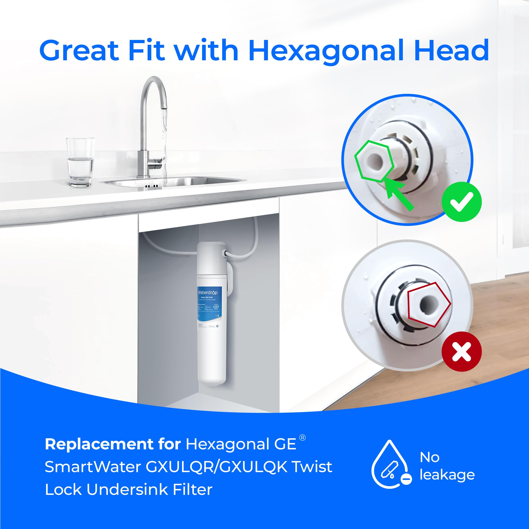 Waterdrop GXULQR Under Sink Replacement Filter, Replacement for Hexagonal Head GE SmartWater GXULQR, GXULQK and GXK140TNN, 2K Gallons (Pack of 2)