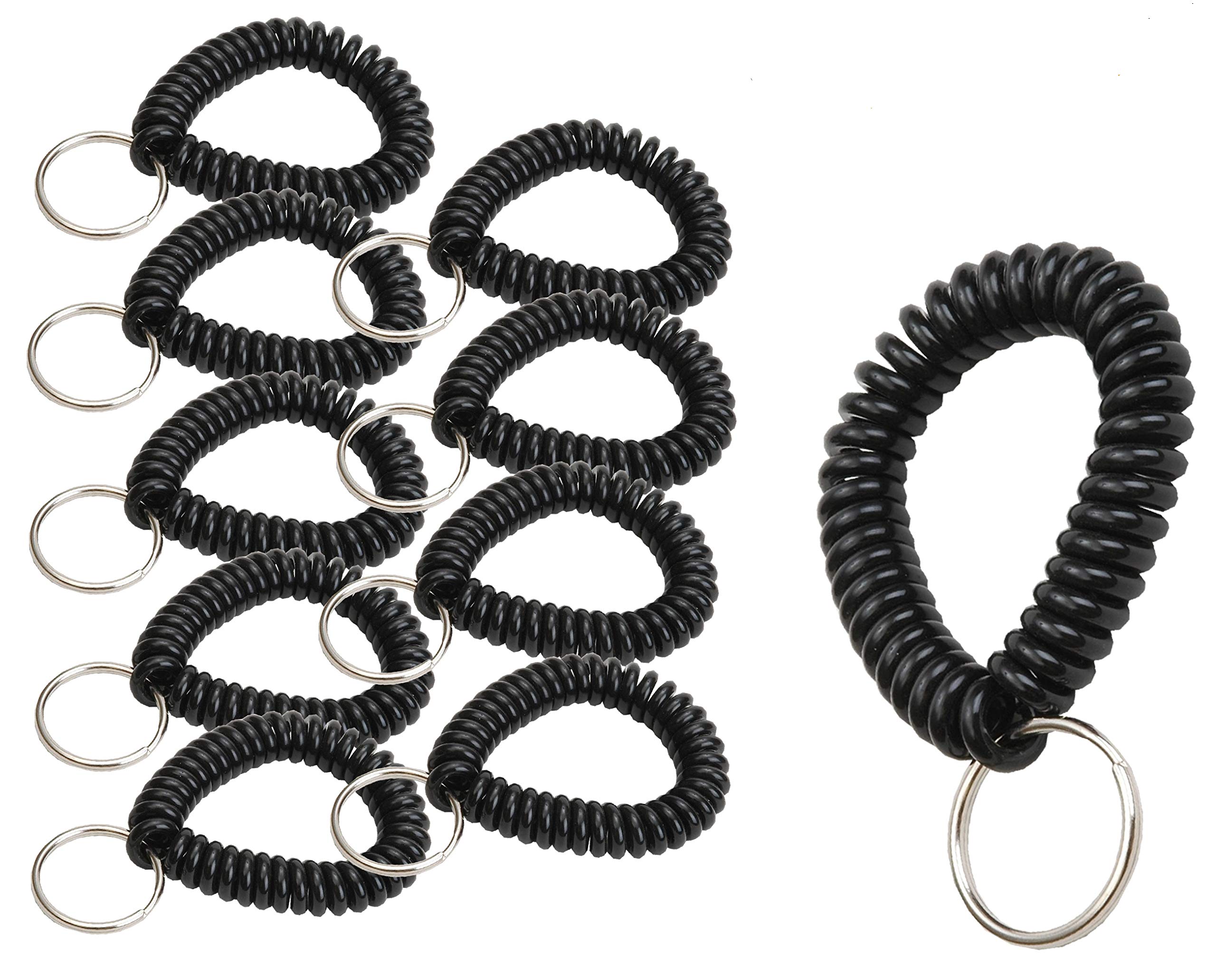 Lucky Line 2β Spiral Wrist Coil with Steel Key Ring, Multi-Color Flexible Wrist Band Key Chain Bracelet, Stretches to 12β, Black, 10 PK (41020)