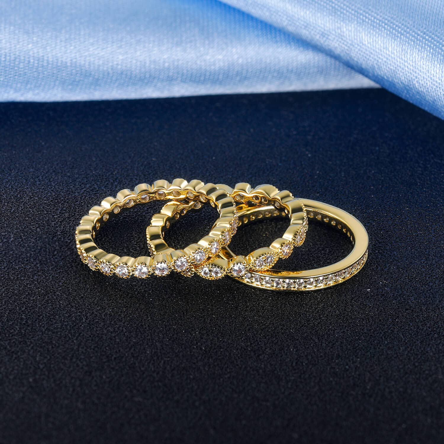 OPOMOMO 3Pcs 2mm Women Stackable Eternity Ring Wedding Bands,18K Gold Plated Cubic Zirconia Promise Rings Set 7
