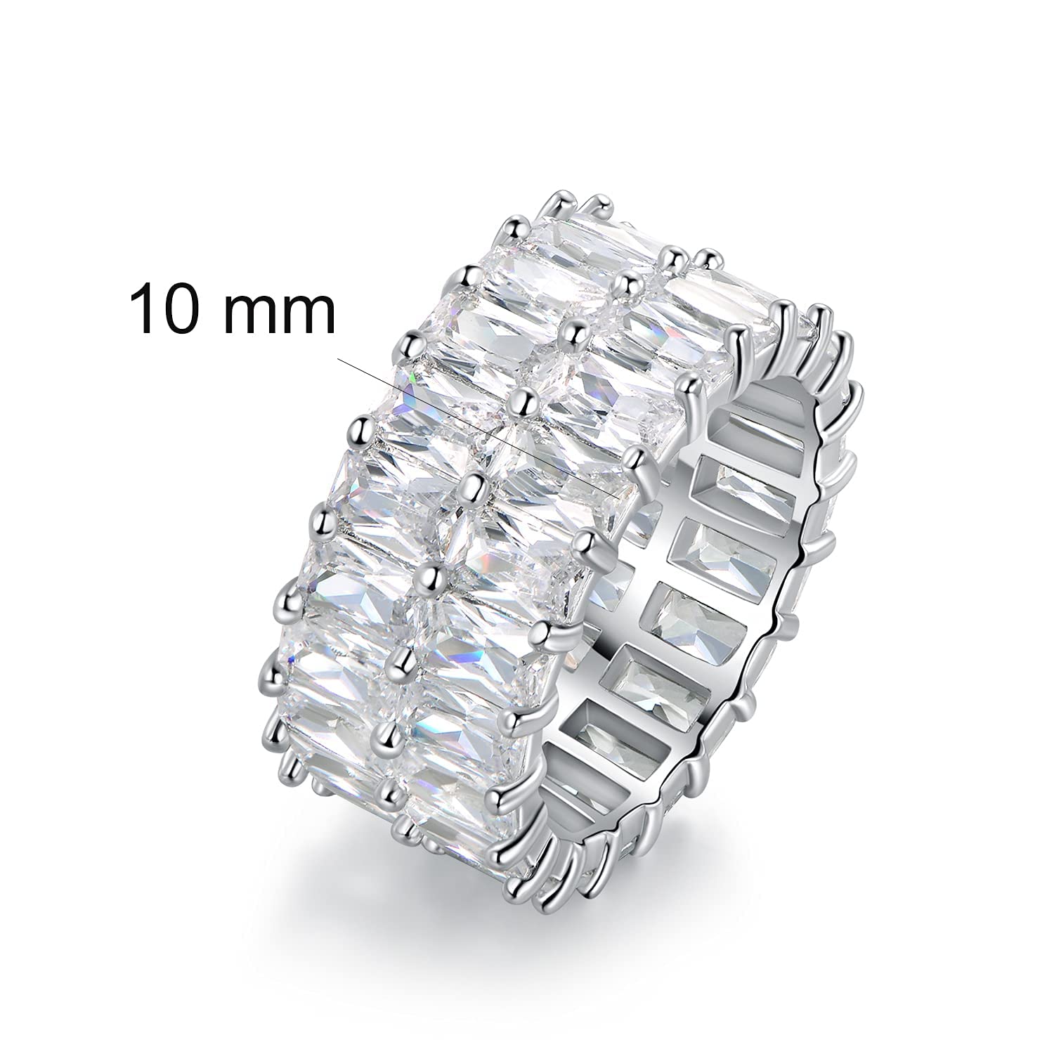 OPOMOMO Eternity Ring Wedding Bands,18K Gold Plated 2 Rows Emerald Cut Iced Out Lab Diamond Band Rings for Women Men (A- White gold plated, 8)