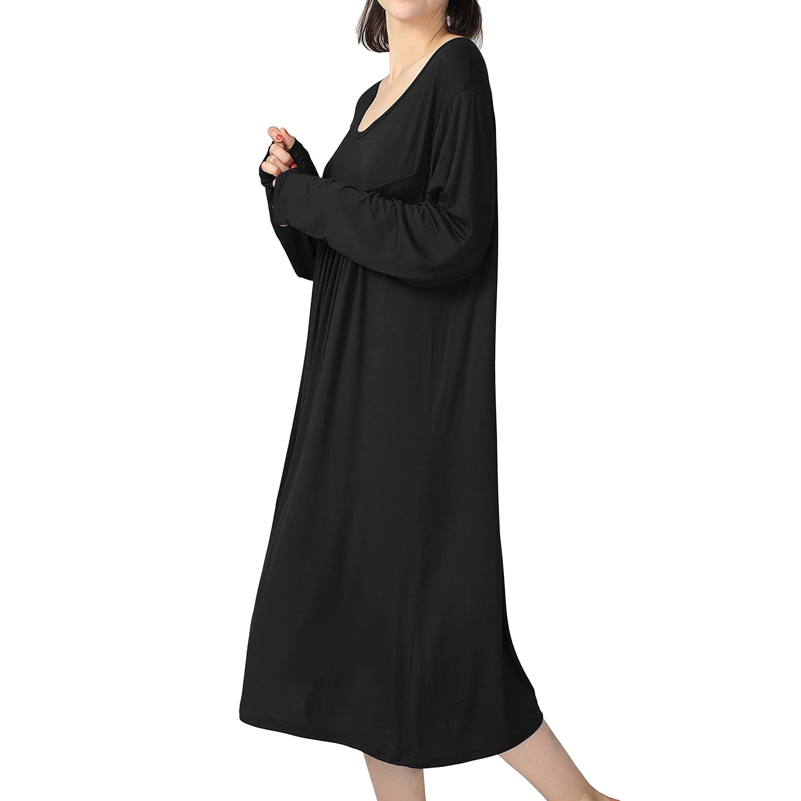 Lu's Chic Women's Plus Size Nightgown Long Sleeve Cotton Sleepwear Pajama Night Dress Soft Comfy Knee Length Pleated Stretchy Sleep Gown Black 3X
