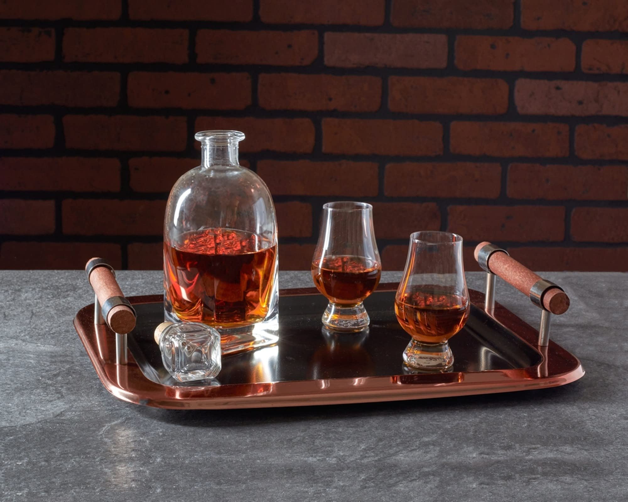 Sol Living Serving Tray for Parties - Rectangular Platter with Handles - Breakfast, Appetizers, Coffee - Non-Slip, Dishwasher Safe - Restaurants, Bars - Black Matte & Copper, 17.5" x 14" x 2.8"