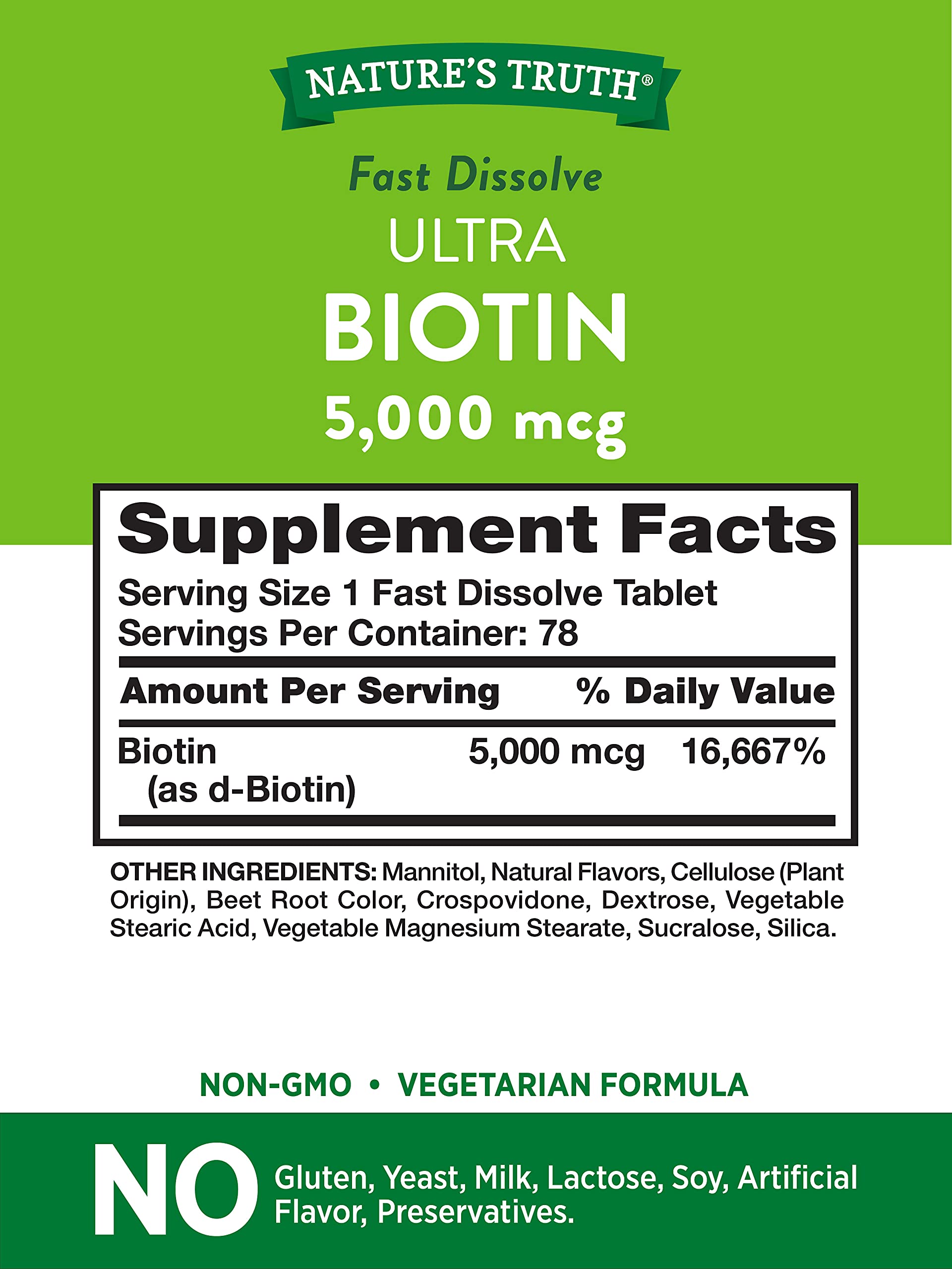 Nature's Truth Ultra Biotin 5000mcg | 78 Fast Dissolve Tablets | Hair Skin and Nails Supplement | Natural Berry Flavor | Vegetarian, Non-GMO, Gluten Free