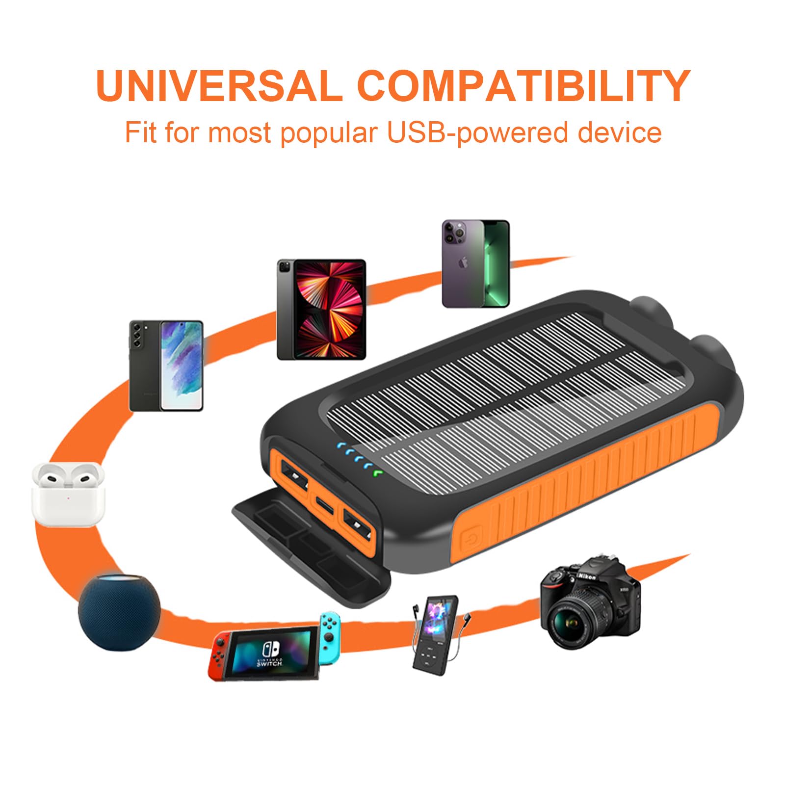 Luvknit Power-Bank-Solar-Charger - 10000mAh Power Bank, Portable Charger, External Battery Pack 5V/3A Type C Input Output Dual Built-in Super Bright Flashlight, Carabiner, Solar Panel Charging