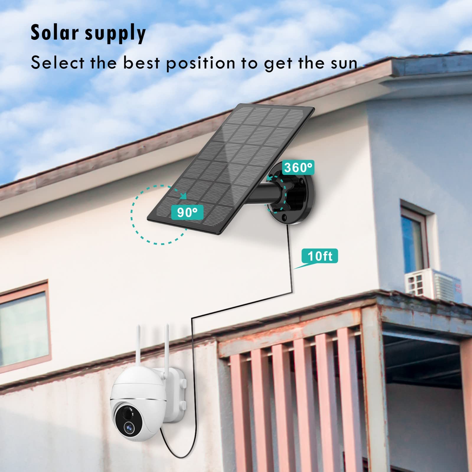 Solar Panels for DC 5V Outdoor Rechargeable Battery Camera, Solar Panel for Security Camera, Solar USB Charger with Micro USB & USB-C Port, 9.8ft Cable, Adjustable Wall Mount, IP65 Waterproof, 2 Pack