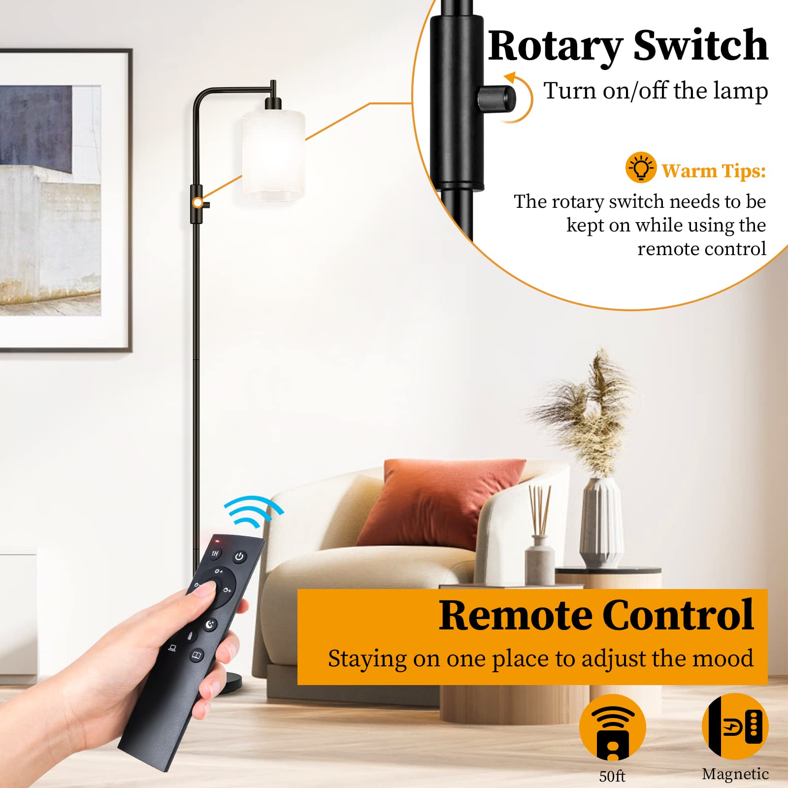 OUTON Modern Floor Lamp, Dimmable Industrial Floor Lamp with Remote Control, Stepless Color Temperature, Timer, LED Tall Stand Lamp with Hanging Frosted Glass Shade for Living Room, Bedroom, Office