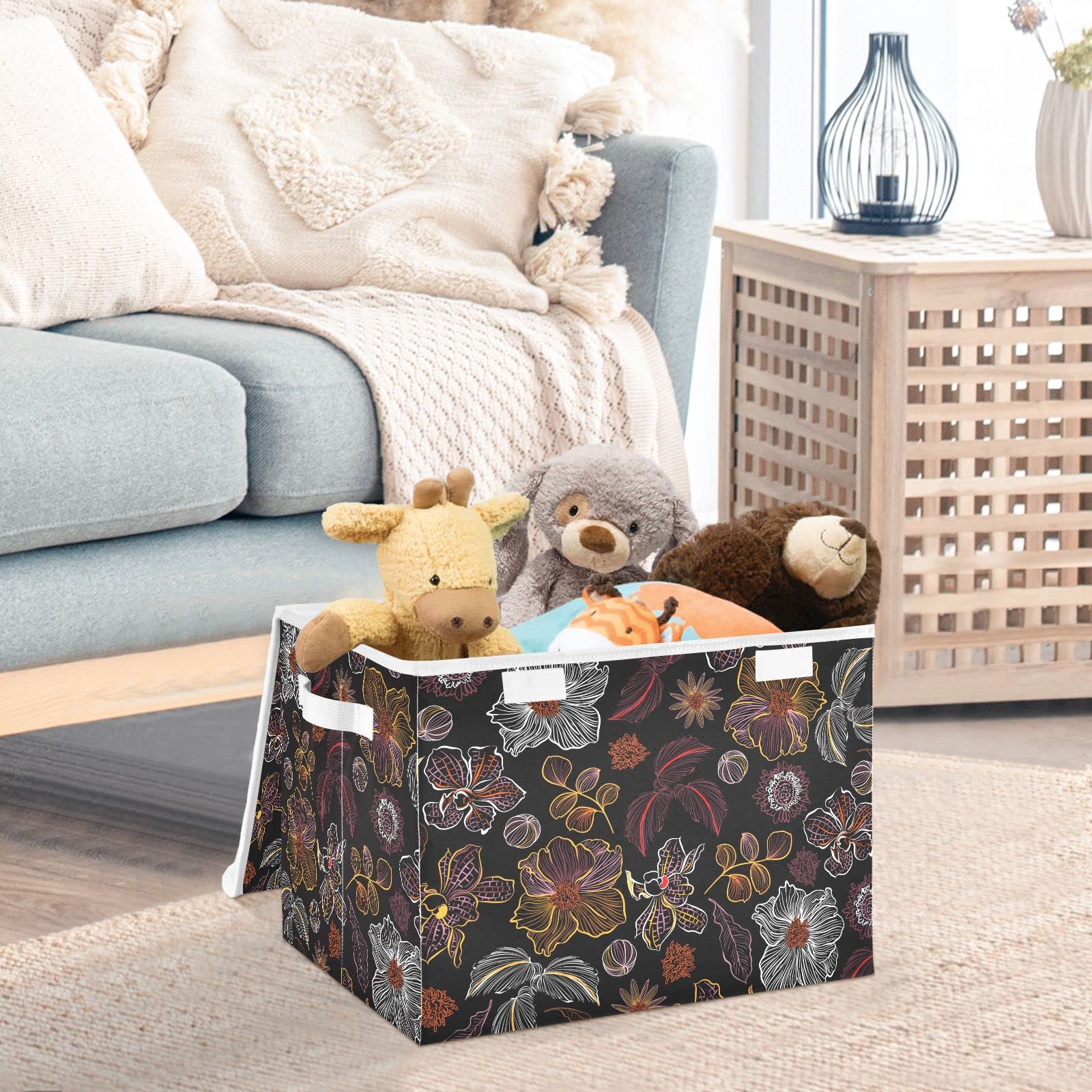 NFMILI Storage Bins (Elegant Flowers) with Lid And Handles, Foldable Storage Basket Large Capacity Household Cube for Organizing Cloth Toys Books 16.5×12.6×11.8 IN