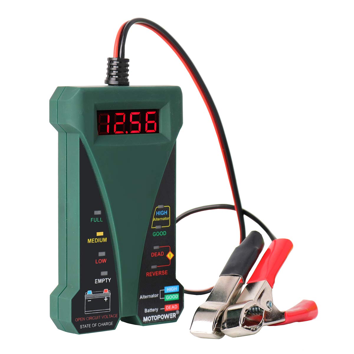 MOTOPOWER 12V Digital Battery Tester Voltmeter and Alternator Charging System Analyzer with LCD Display and LED Indication, Midnight Green Rubber Paint
