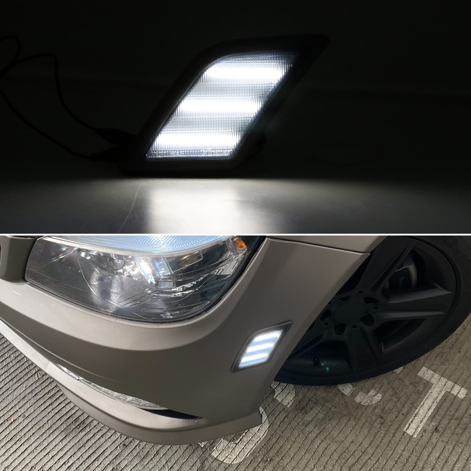 Smoked Lens White LED Front Bumper Side Marker Light Kit Compatible with 2008-2011 W204 C-Class C250 C300 C350 & 2008-2013 C63 AMG, Replace OEM Amber Sidemarker Lamps