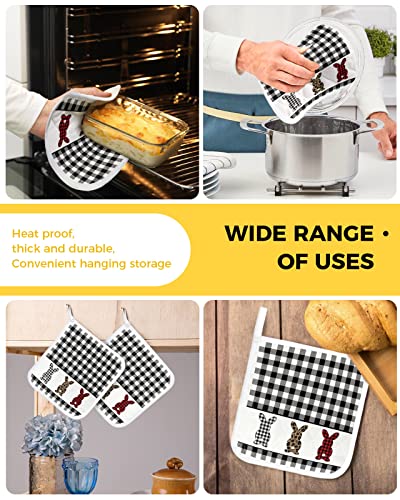 Pot Holder Set of 2 Happy Easter Bunny Black White Buffalo Grid Potholder Heat Proof Non-Slip Pot Holders,Leopard Rabbit Red Check Hot Pads Potholders for Kitchen Cooking Baking BBQ